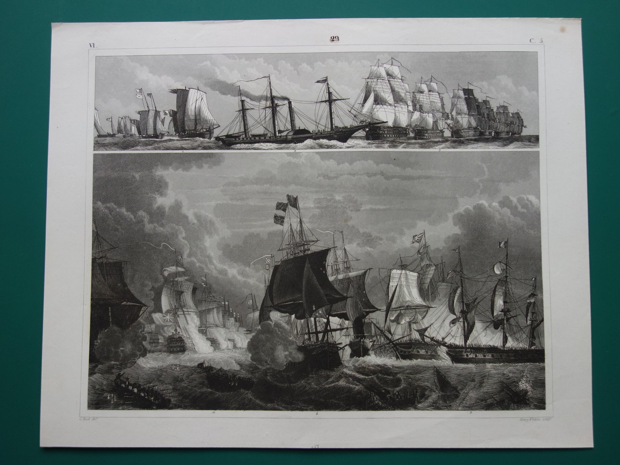 Oude prent van zeeslag met zeilschepen originele antieke print driemas ...