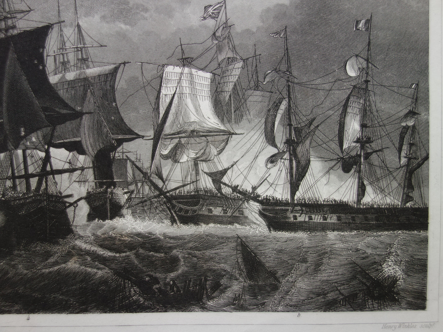 Oude prent van zeeslag met zeilschepen originele antieke print driemas ...