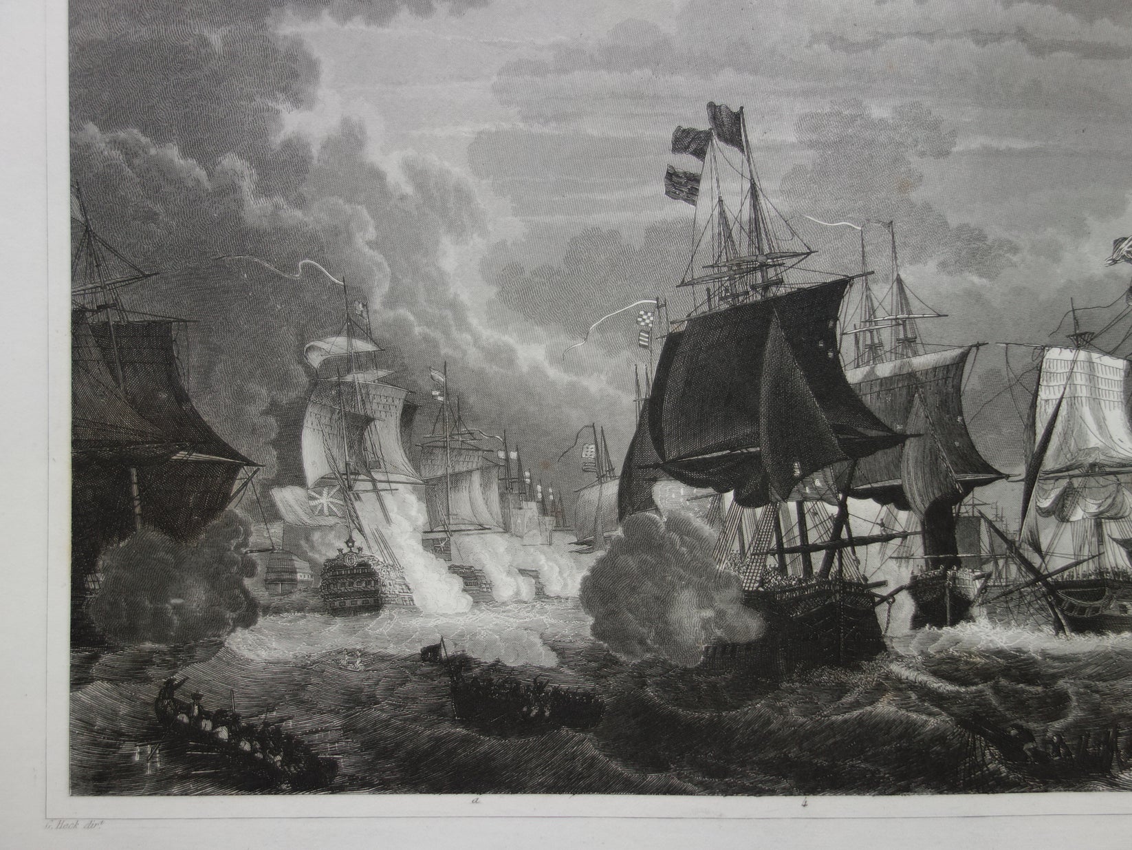 Oude prent van zeeslag met zeilschepen originele antieke print driemas ...